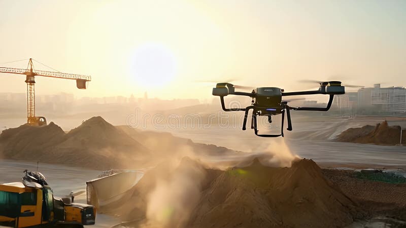 Drone Spraying Water Over Sand and Dirt Piles in Construction Site for ...