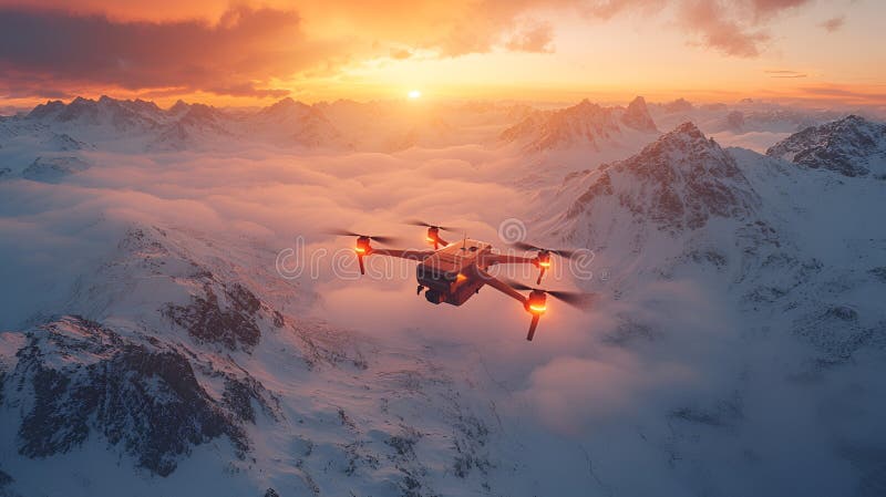 Drone Sunset Flight Above Snowy Mountains Stock Illustration ...