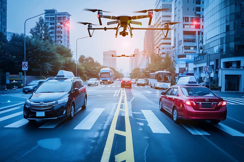 Drone Surveillance in a Busy City Intersection Stock Illustration ...