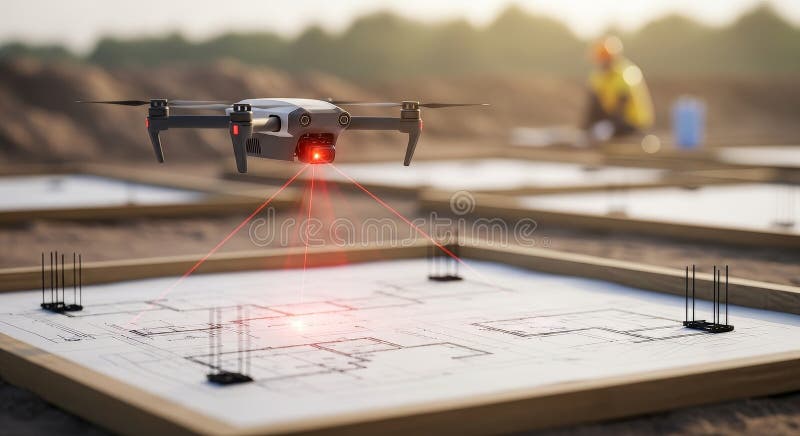 Drone Surveying Construction Site Architectural Blueprint with Laser ...