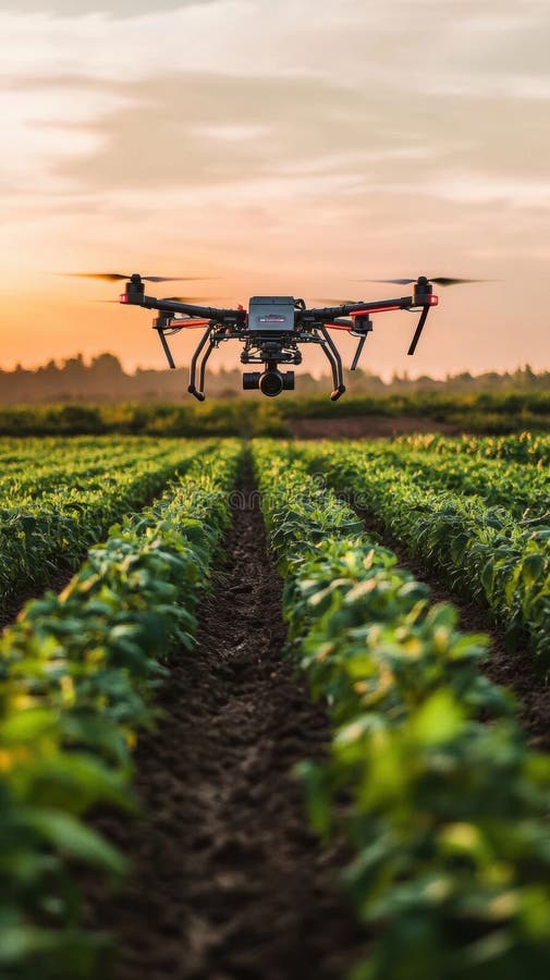 Drone Surveying a Farm Field at Sunset Stock Photo - Image of ...