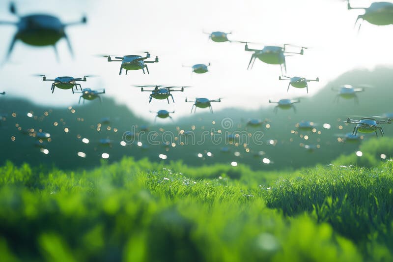 Drone Swarm Flying in Formation Over Green Field Stock Illustration ...