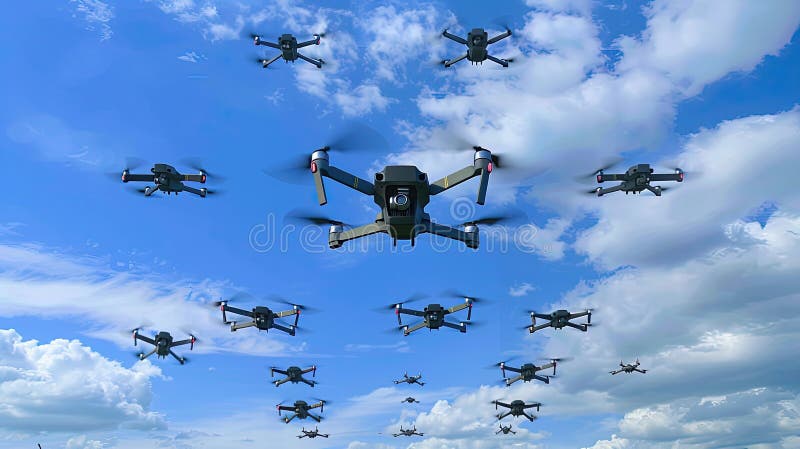 A Drone Swarm, Including a Small UAV, As they Gather Intelligence in ...