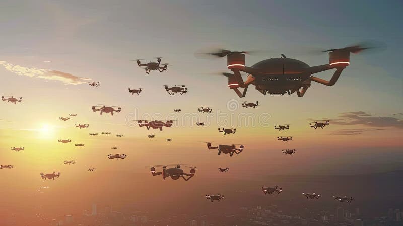 A Drone Swarm, Including a Small UAV, As they Gather Intelligence in ...