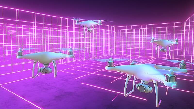 Drone Swarm in Neon Grid stock illustration. Illustration of futuristic ...