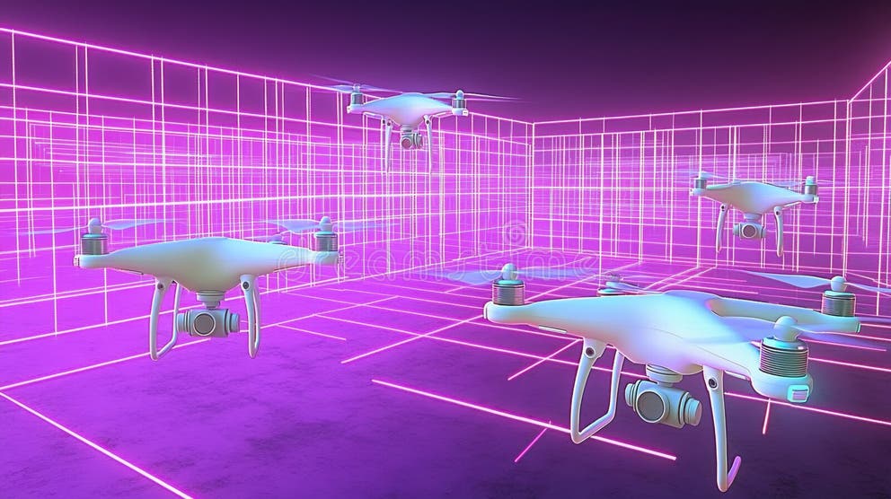 Drone Swarm in Neon Grid stock illustration. Illustration of futuristic ...