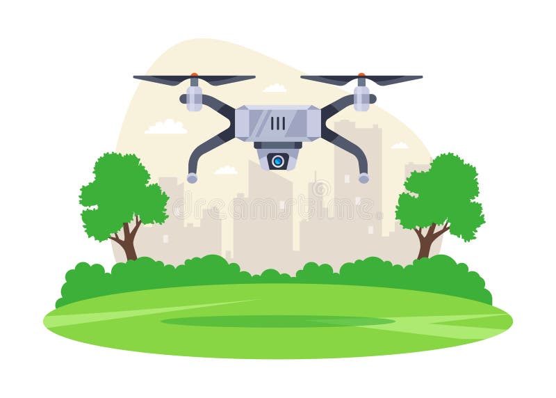 Drone Takes Off from a Green Field. Fly Over the Ground Stock Vector ...