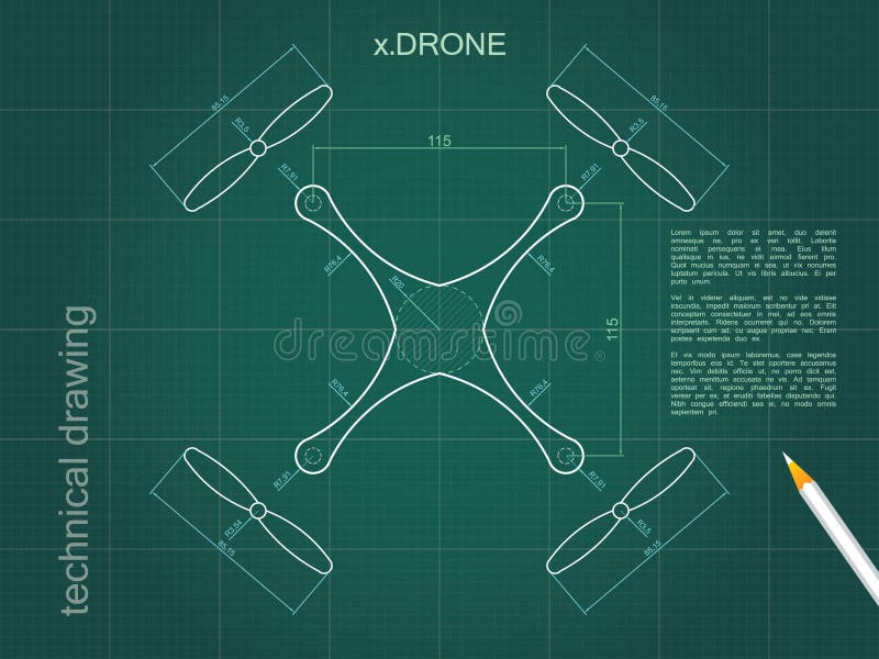 Drone Technical Design. Green Paper Drawing Top Drone Vector Stock ...