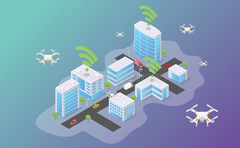 Drone Technology Flying in Top of Smart City with Isometric Modern Flat ...