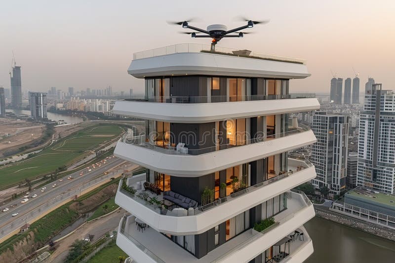 The Drone on Top of a Building Captures an Aerial View Stock Image ...