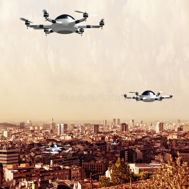 Drone on town stock illustration. Illustration of shipping - 65961649