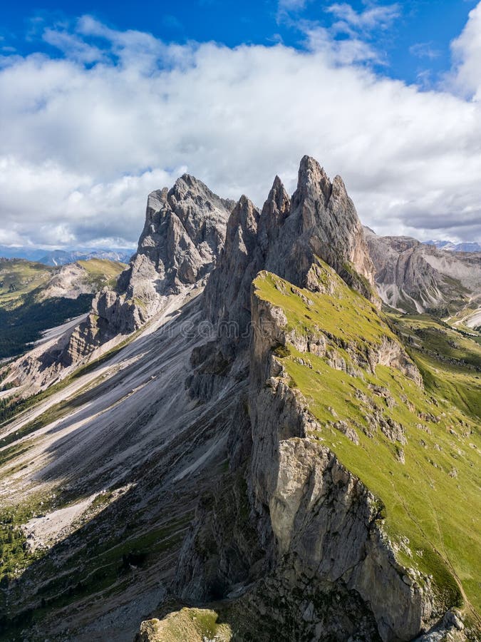 Drone Vertical Panorama of Seceda Ridge in the Dolomites, Showcasing ...