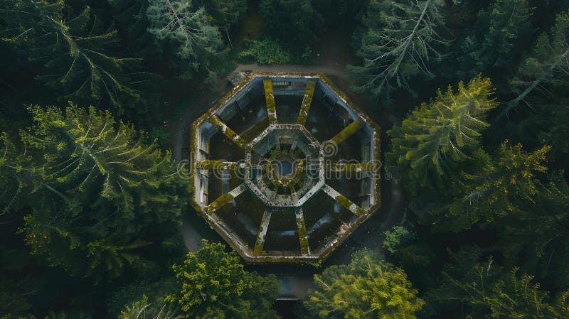 Drone View of Abandoned Octagonal Building in Forest Stock Illustration ...