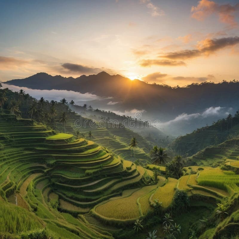 Drone View of AI?Generated Bali Rice Terraces at Dawn Stock Image ...