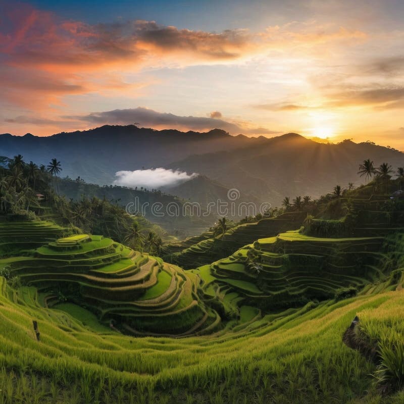 Drone View of AI?Generated Bali Rice Terraces at Dawn Stock Photo ...