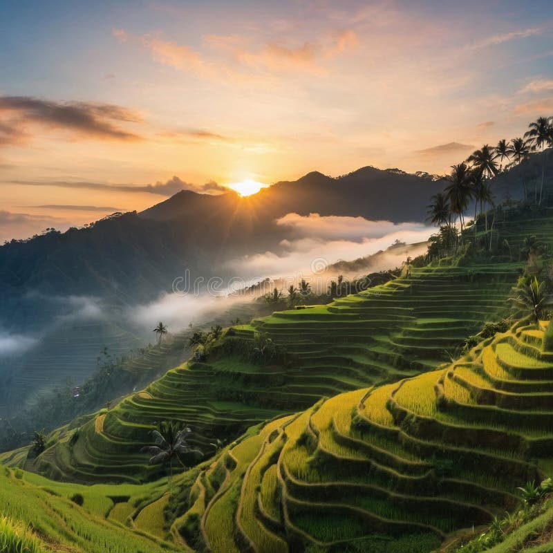 Drone View of AI?Generated Bali Rice Terraces at Dawn Stock Photo ...