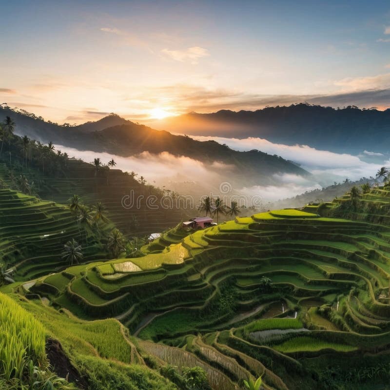 Drone View of AI?Generated Bali Rice Terraces at Dawn Stock Photo ...