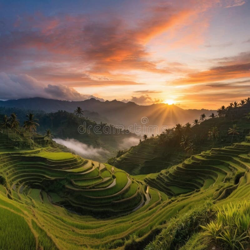 Drone View of AI?Generated Bali Rice Terraces at Dawn Stock Photo ...