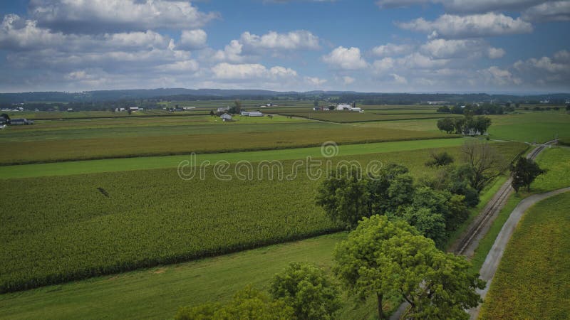 Drone View of Amish Countryside with Barns and Silos and Corn, Patch ...
