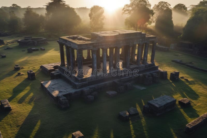 Drone View of Ancient Temple, with Sun Shining Down on the Stone Structures Stock Illustration ...