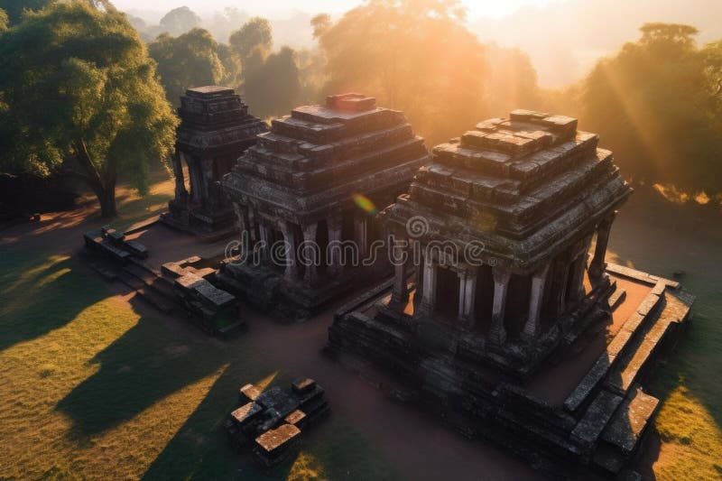 Drone View of Ancient Temple, with Sun Shining Down on the Stone Structures Stock Illustration ...