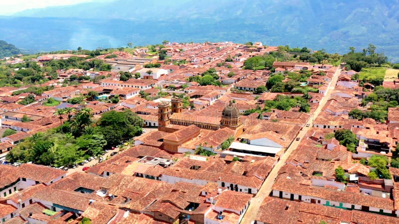 Drone View of Barichara Town Building Roofs and Trees before the Slope ...