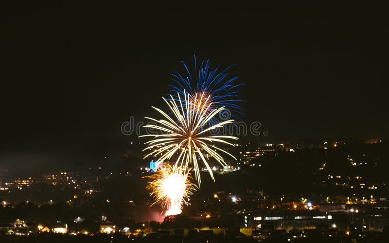 Drone View of the Beautiful Fireworks Over a City at Night Stock Photo ...
