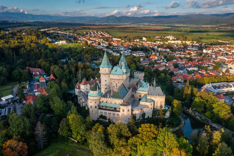 Drone View of Bojnice Castle in Slovakia in Warm Evening Light ...