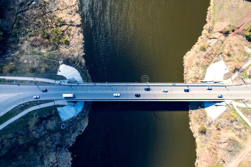 Drone View of the Bridge Across the River, Cars on the Bridge ...
