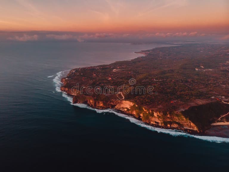 Drone View of Bukit Peninsula with Cliffs and Ocean at Sunset in Bali ...