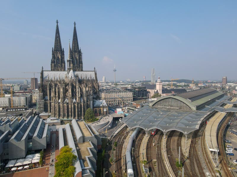 Drone View at the Cathedral and the Train Station of Cologne in Germany ...