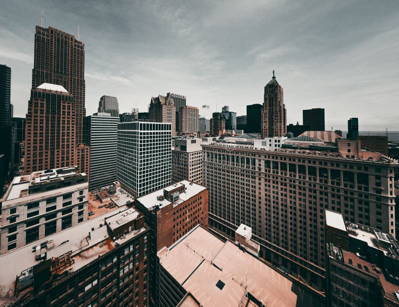 Drone View Of The Chicago Skyline In Downtown During The Sunset Stock