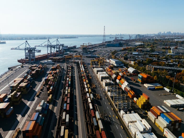 Drone View of a Container Port, Docker. Montreal, Quebec, Canada Stock ...