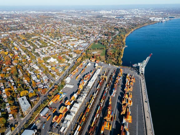 Drone View of Container Port. Montreal, Quebec, Canada Stock Photo ...