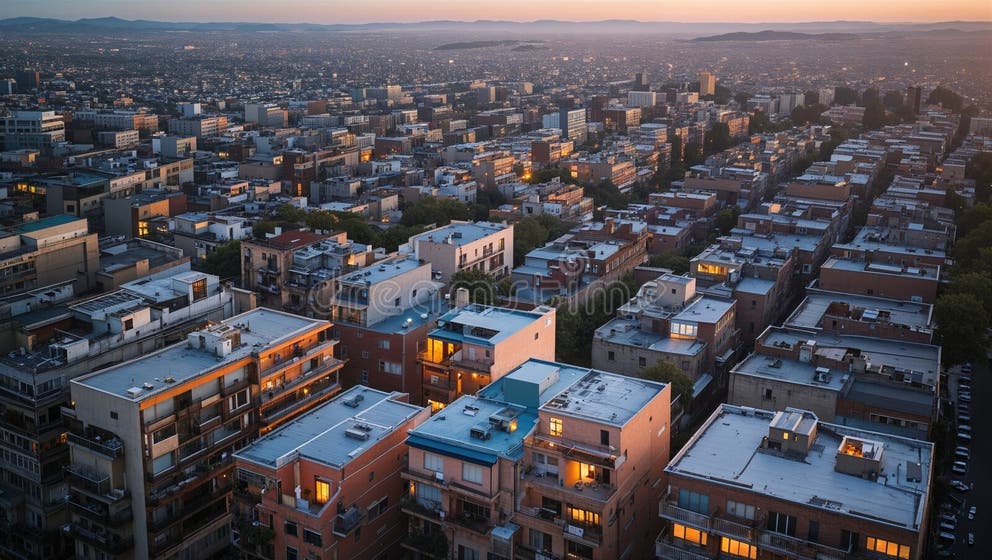 Drone View of Dense City Blocks with Rooftops and Balconies Lit by Soft ...