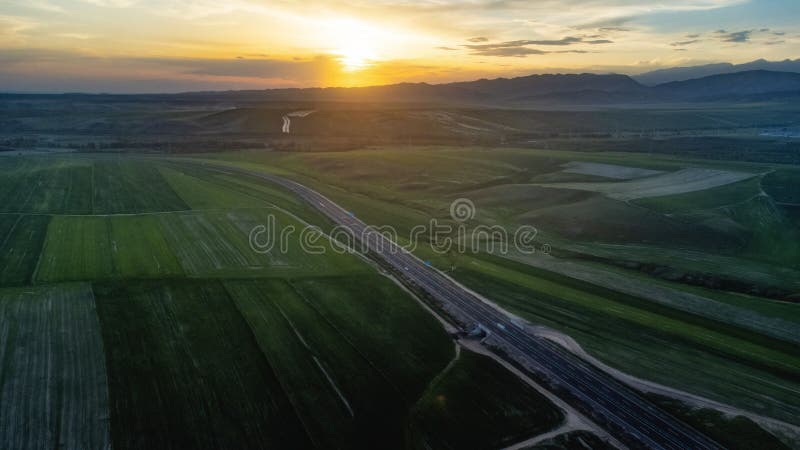 Drone View of Farm Field Crops in the Evening in the Countryside Stock ...