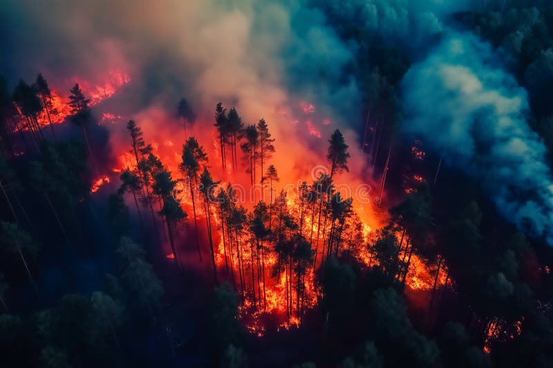 Drone view of forest fire stock illustration. Illustration of natural ...