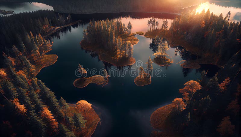 Drone View of Forest with Lake and Trees Stock Illustration ...
