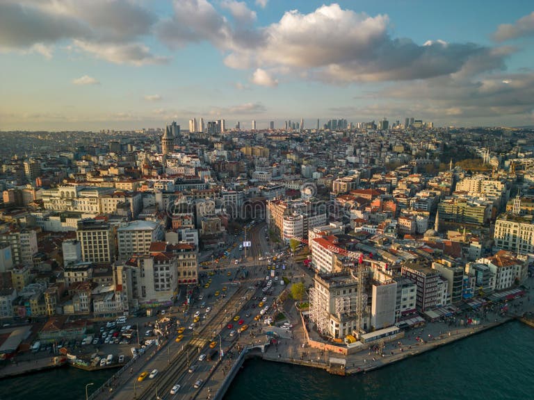 Drone View of the Galata Bridge, View of the Galata Tower. Spring ...