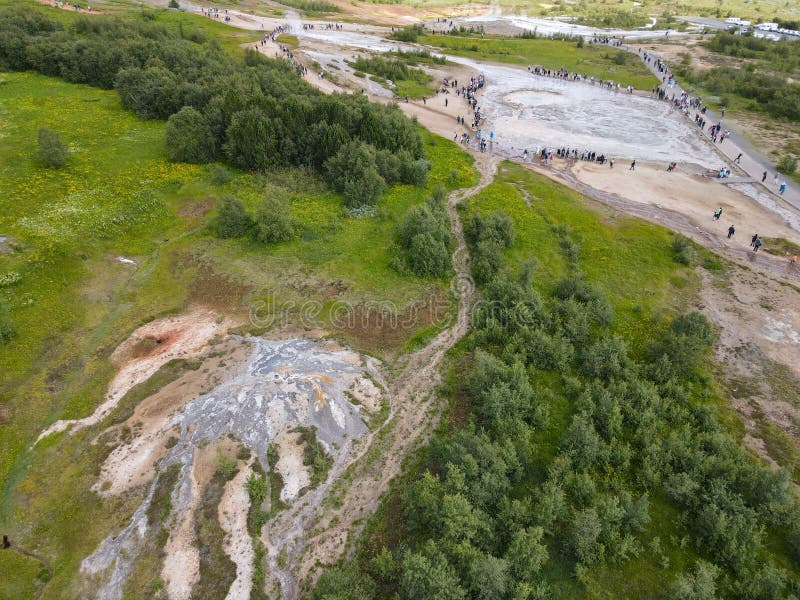 Drone View at the Geothermal Field of Geysir in Iceland Stock Photo ...