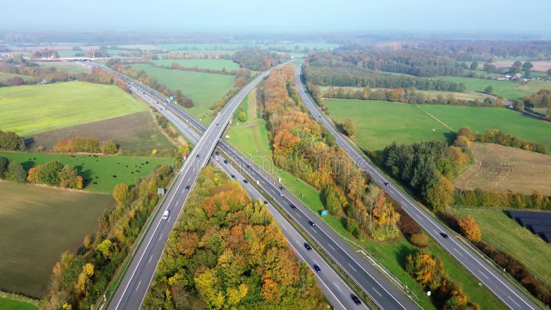 Drone View of the German Highway A7 with Heavy Traffic in a Rural ...
