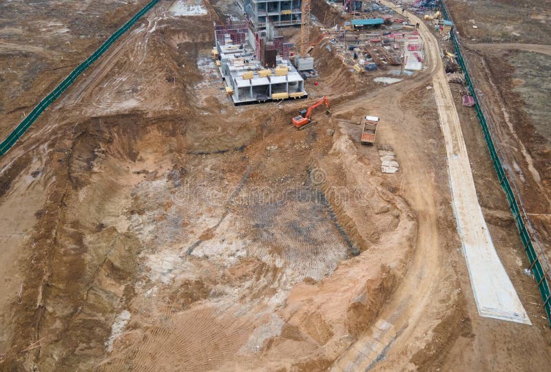 Drone View of a Large Construction Site. Formwork Pit for the ...