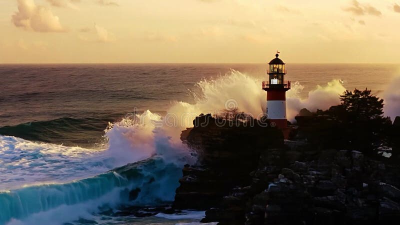 Drone View of a Lighthouse with Large Surf Waves Crashing Against the ...