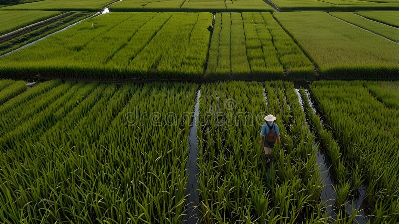 Drone View of a Lone Traveler Walking through Rice Fields Stock ...