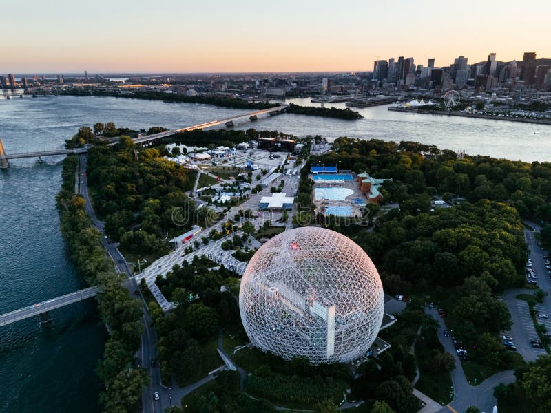 Drone View of Montreal Biosphere at the Park Jean-Drapeau, with the ...