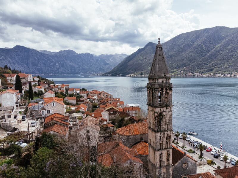 Drone View of the Old Town of Perast in the Bay of Kotor, Montenegro ...