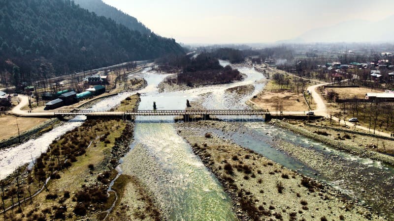 Drone View Over a Bridge Over a River in Pahalgam, Kashmir, India with ...