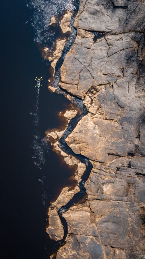 Drone View of Raft Navigating River beside Rugged Rocky Cliffs ...