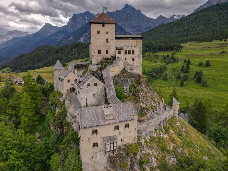 Drone View at Tarasp Castle in the Swiss Alps Stock Image - Image of ...