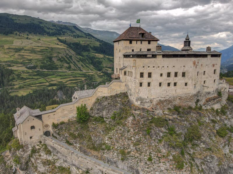 Drone View at Tarasp Castle in the Swiss Alps Stock Image - Image of ...